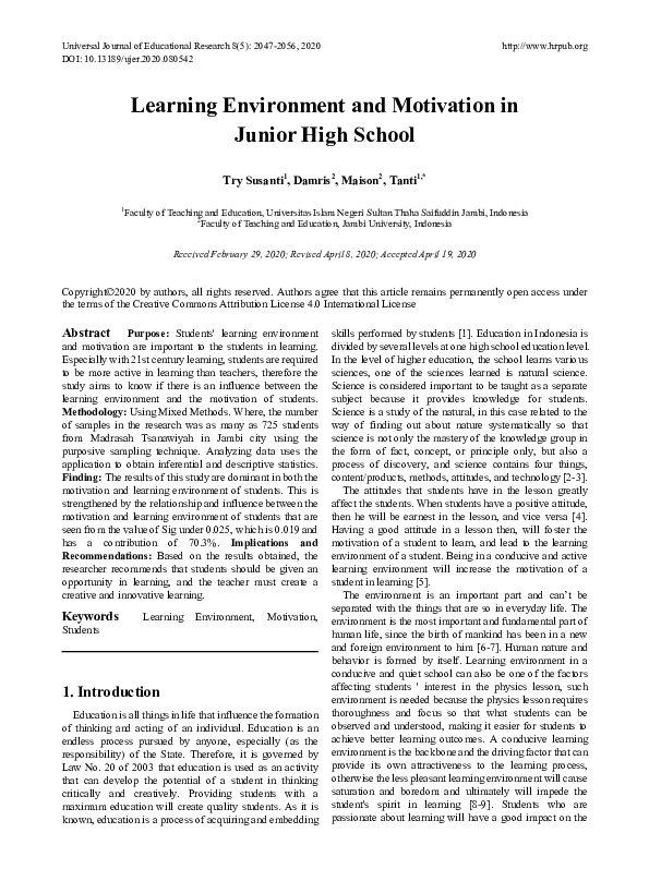 (PDF) Learning Environment and Motivation in Junior High School
