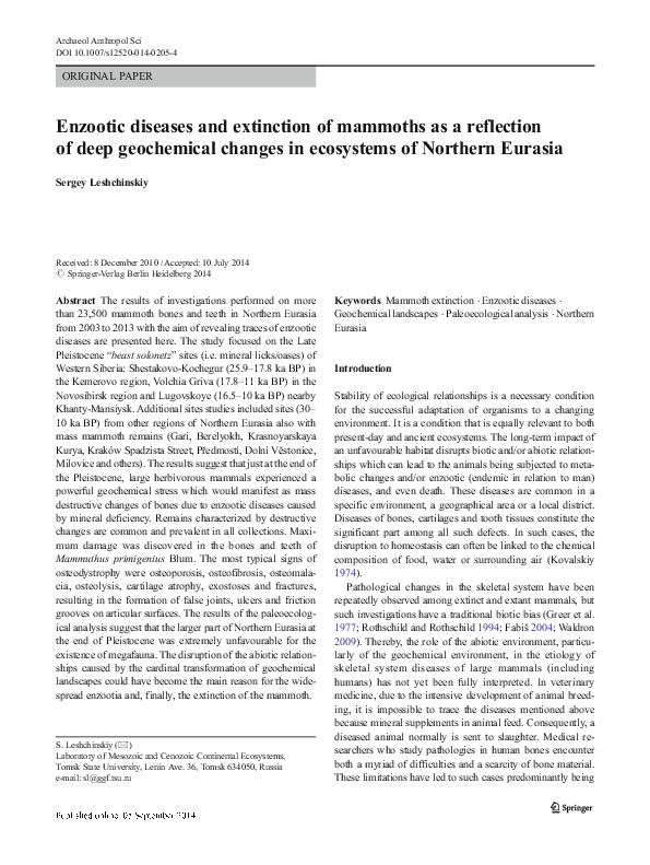 (PDF) Enzootic diseases and extinction of mammoths as a reflection of ...