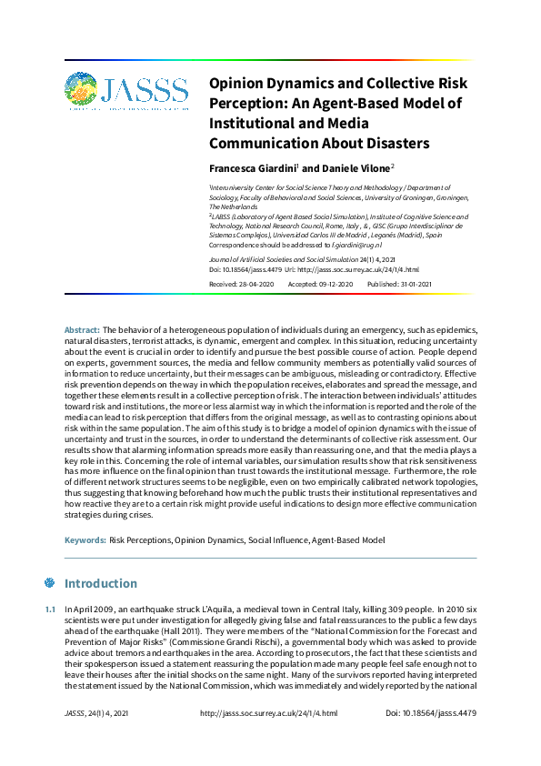 (PDF) Opinion Dynamics and Collective Risk Perception: An Agent-Based Model of Institutional and ...