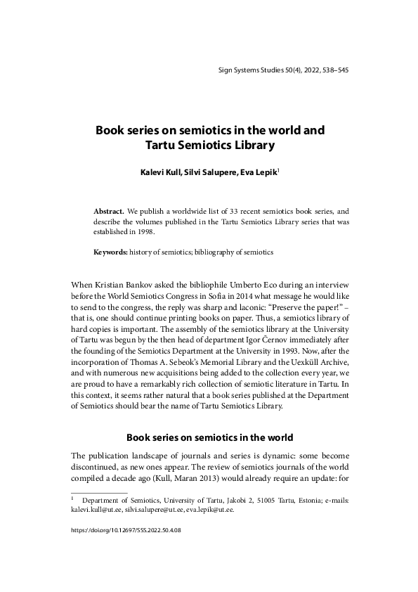 (PDF) Book series on semiotics in the world and Tartu Semiotics Library