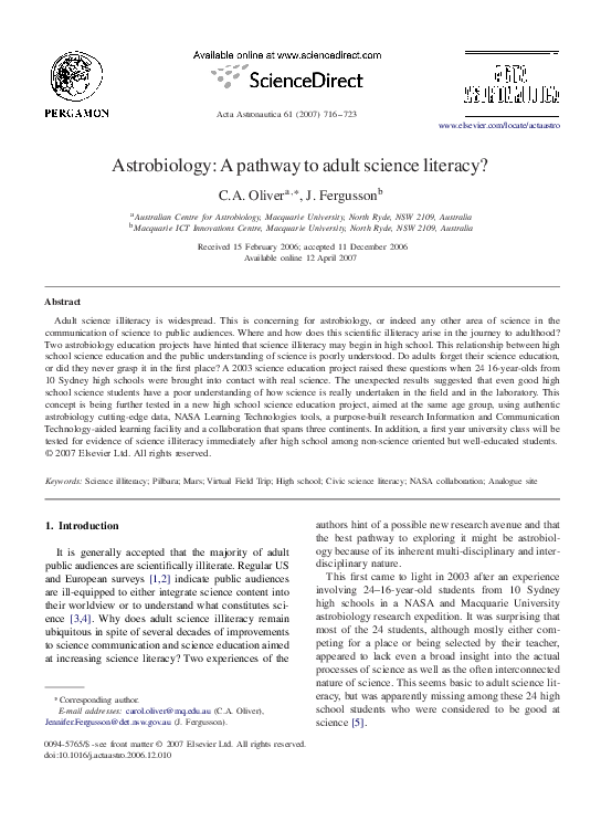 (PDF) Astrobiology: A pathway to adult science literacy?