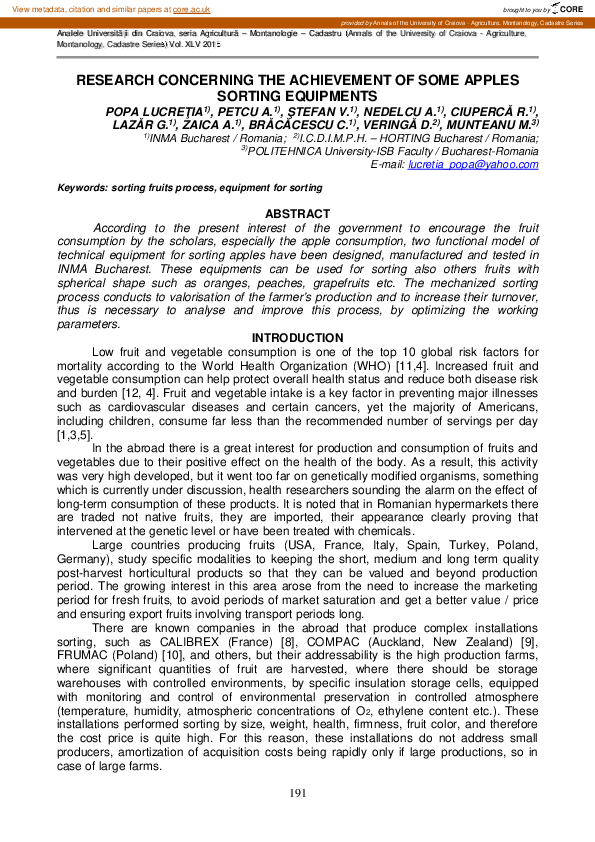 (PDF) Research Concerning the Achievement of Some Apples Sorting Equipments