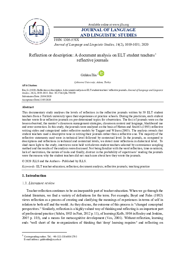 (PDF) Reflection or description: A document analysis on ELT student teachers’ reflective journals