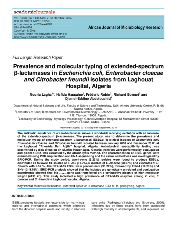 (PDF) Prevalence and molecular typing of extended-spectrum -lactamases ...