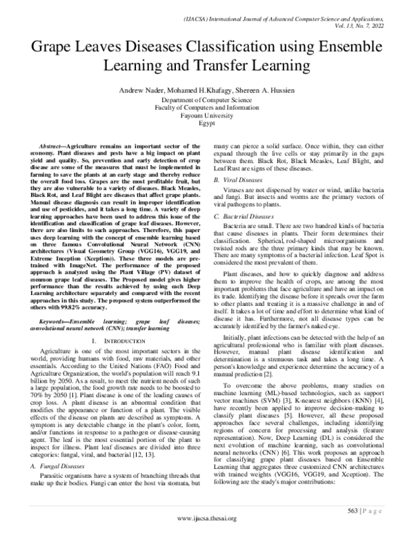 (PDF) Grape Leaves Diseases Classification using Ensemble Learning and Transfer Learning