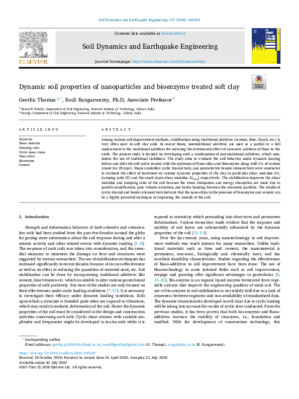 (PDF) Dynamic soil properties of nanoparticles and bioenzyme treated soft clay