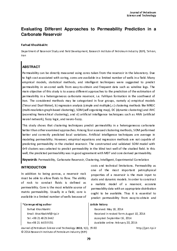 (PDF) Evaluating Different Approaches to Permeability Prediction in a Carbonate Reservoir