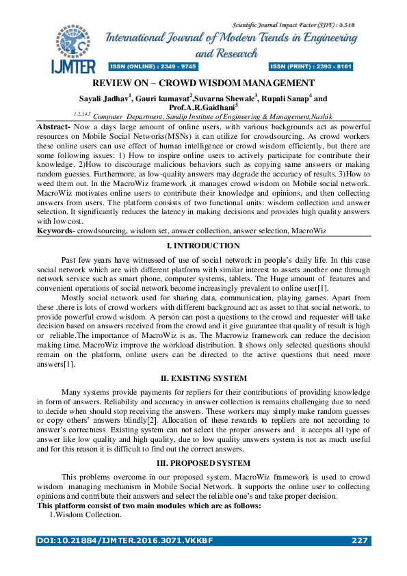 (PDF) Crowd Wisdom Management | sayali jadhav - Academia.edu