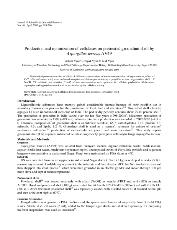 (PDF) Production and Optimization of Cellulases on Pretreated Groundnut Shell by Aspergillus ...