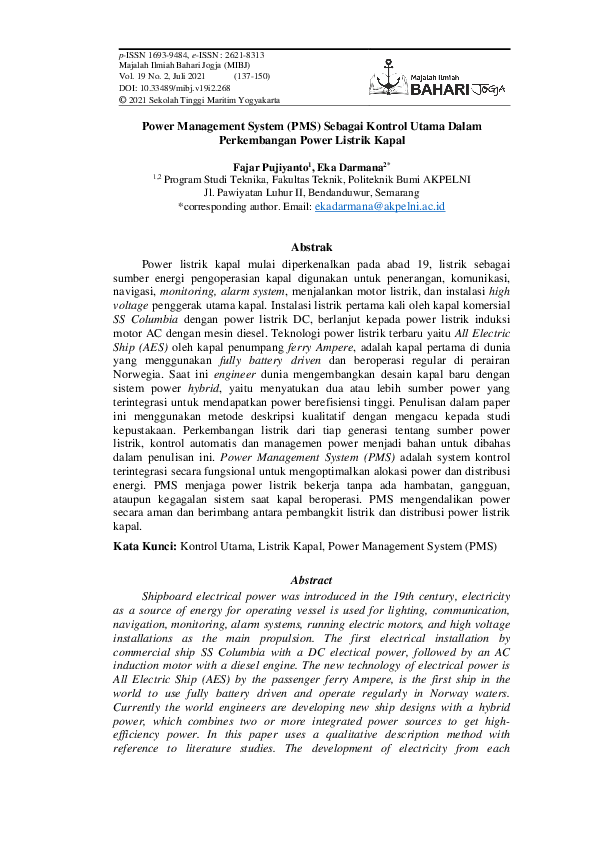 (PDF) Power Management System (PMS) Sebagai Kontrol Utama Dalam ...