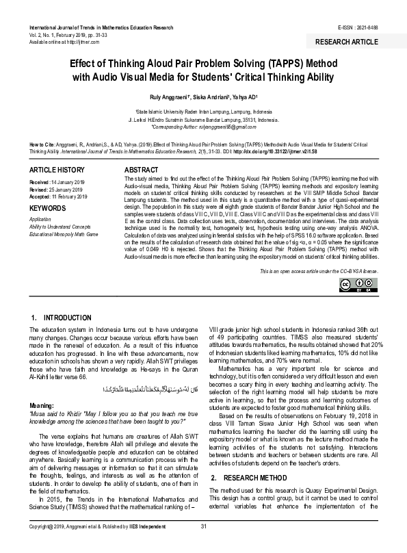 (PDF) Effect of Thinking Aloud Pair Problem Solving (TAPPS) Method with Audio Visual Media for ...