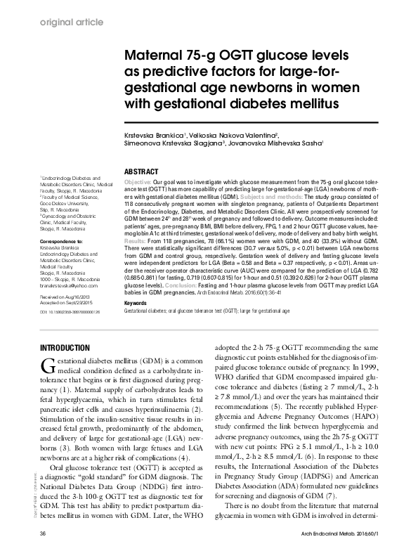 (PDF) Maternal 75 g OGTT glucose levels as predictive factors for large ...