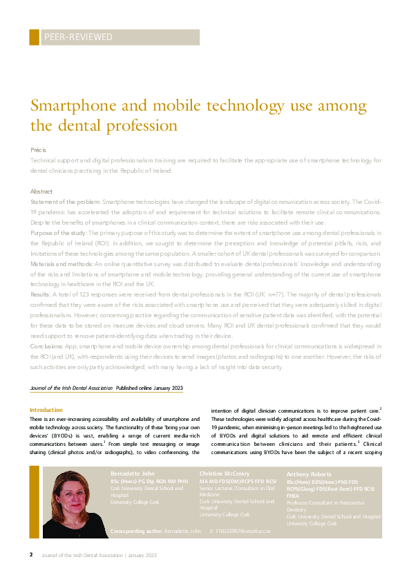 (PDF) Smartphone and mobile technology use among the dental profession