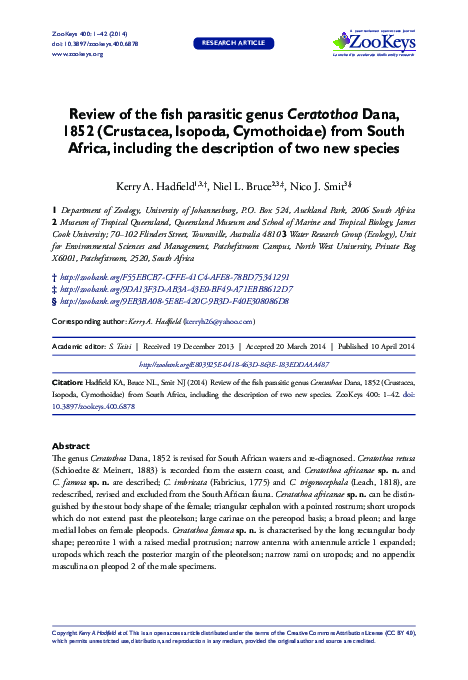 (PDF) Review of the fish parasitic genus Ceratothoa Dana, 1852 ...