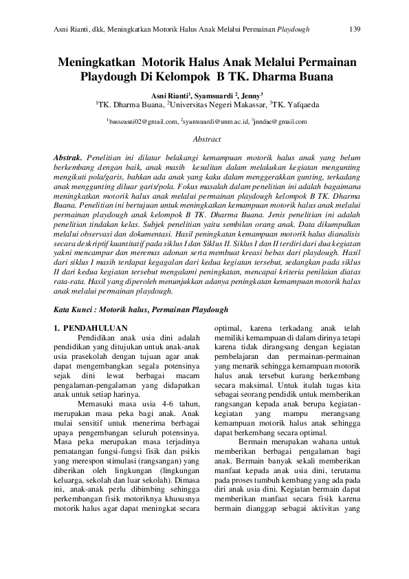 (PDF) Meningkatkan Motorik Halus Anak Melalui Permainan Playdough Di Kelompok B TK. Dharma Buana