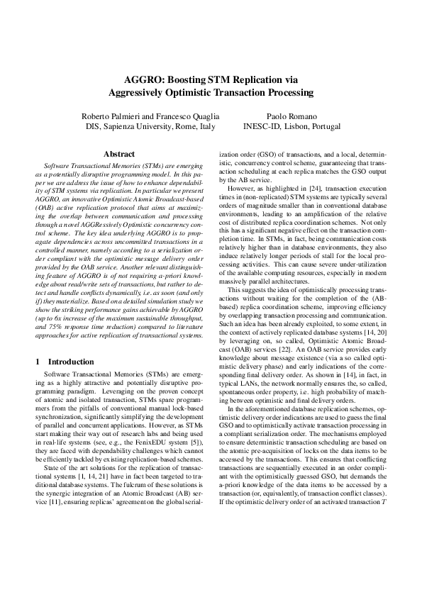 (PDF) AGGRO: Boosting STM replication via aggressively optimistic transaction processing