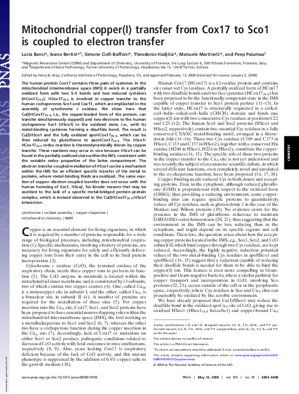 (PDF) Mitochondrial copper(I) transfer from Cox17 to Sco1 is coupled to ...