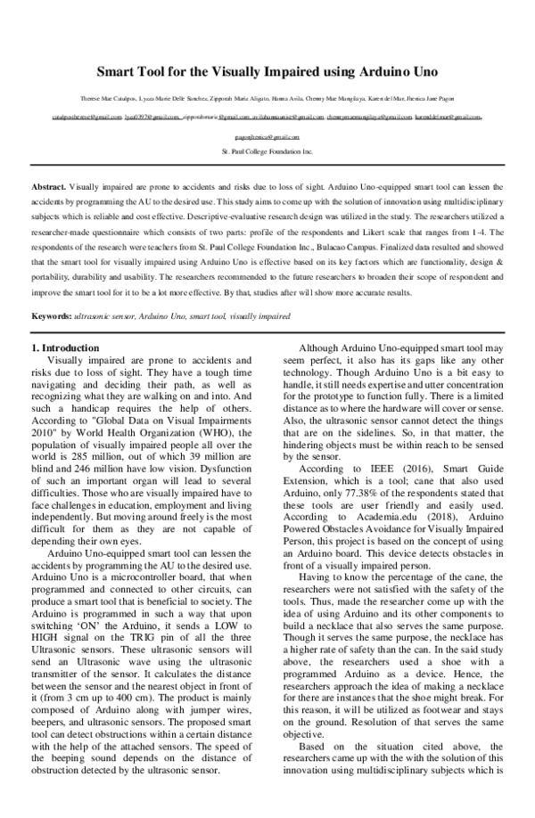 (PDF) Smart Tool for the Visually Impaired using Arduino Uno