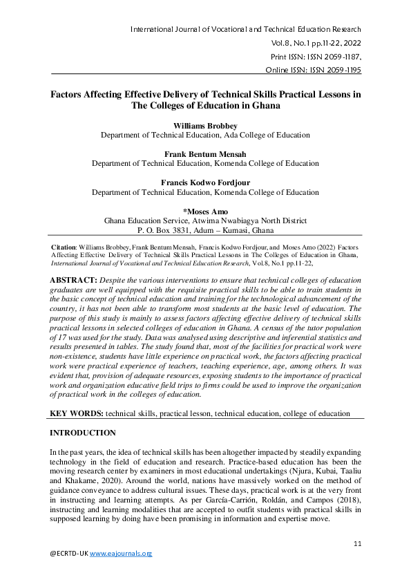 (PDF) Factors Affecting Effective Delivery of Technical Skills Practical Lessons in The Colleges ...