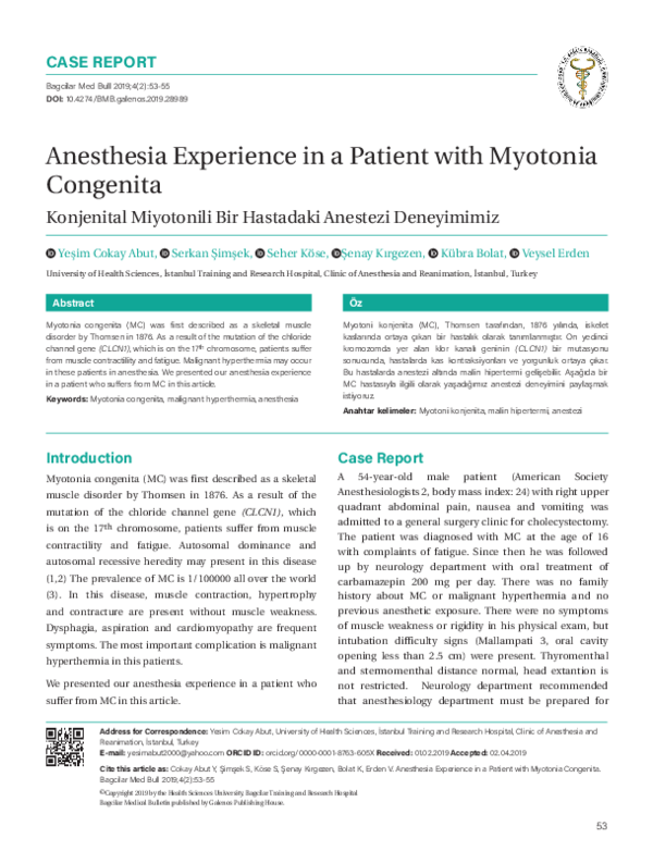 (PDF) Anesthesia Experience in a Patient with Myotonia Congenita