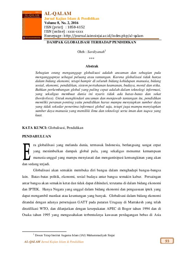 Pdf Dampak Globalisasi Terhadap Pendidikan 