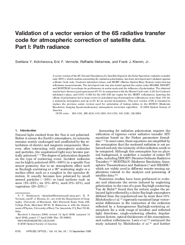 (PDF) Validation of a vector version of the 6S radiative transfer code ...