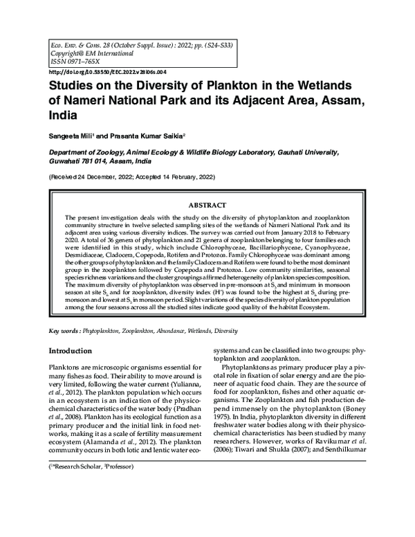 (PDF) Studies on the Diversity of Plankton in the Wetlands of Nameri ...