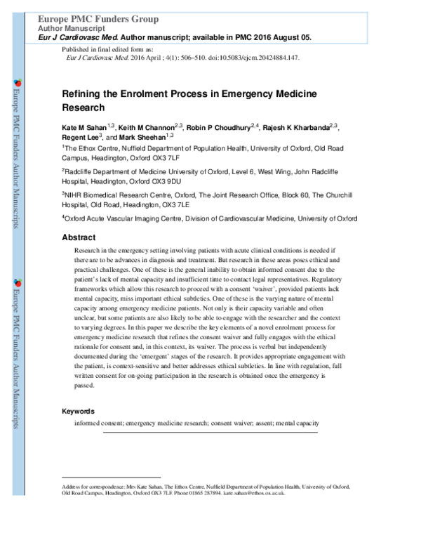 (PDF) Refining the Enrolment Process in Emergency Medicine Research