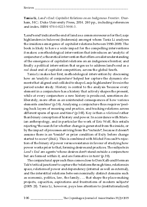 (PDF) Tania Li, Land's End: Capitalist Relations on an Indiginous Frontier