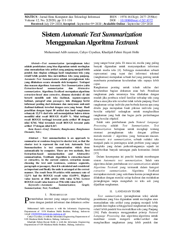 Pdf Sistem Automatic Text Summarization Menggunakan Algoritma Textrank