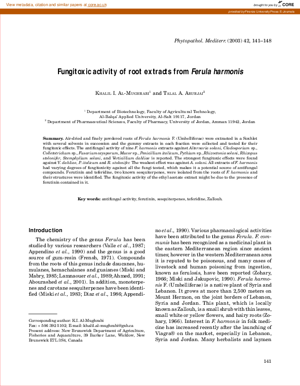 (PDF) Fungitoxic activity of root extracts from Ferula harmonis