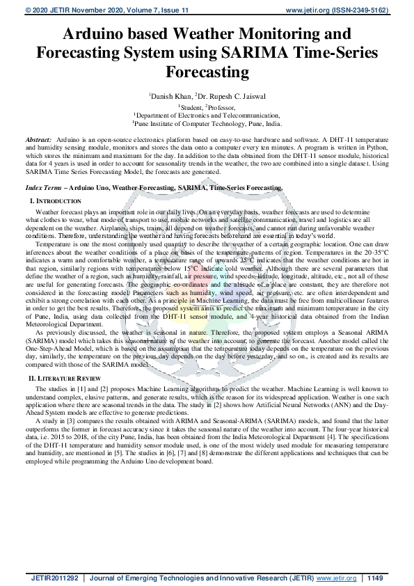Pdf Arduino Based Weather Monitoring And Forecasting System Using Sarima Time Series Forecasting