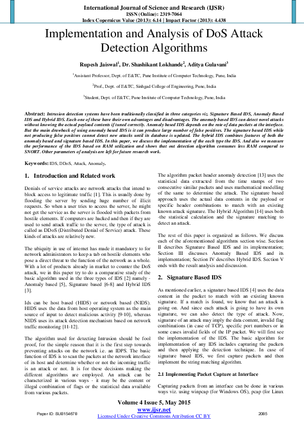 Implementation And Analysis Of Dos Attack Detection Algorithms 8525