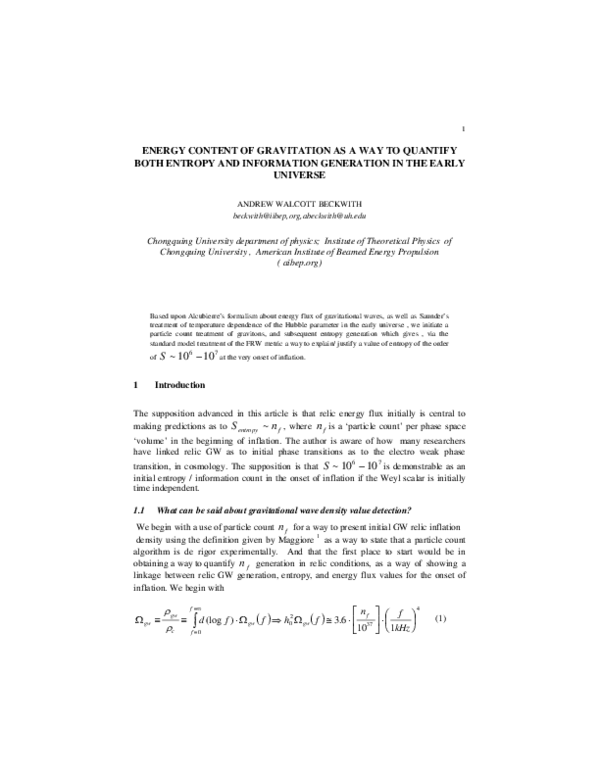 (PDF) Energy Content of Gravitation as a Way to Quantify Both Entropy and Information Generation ...