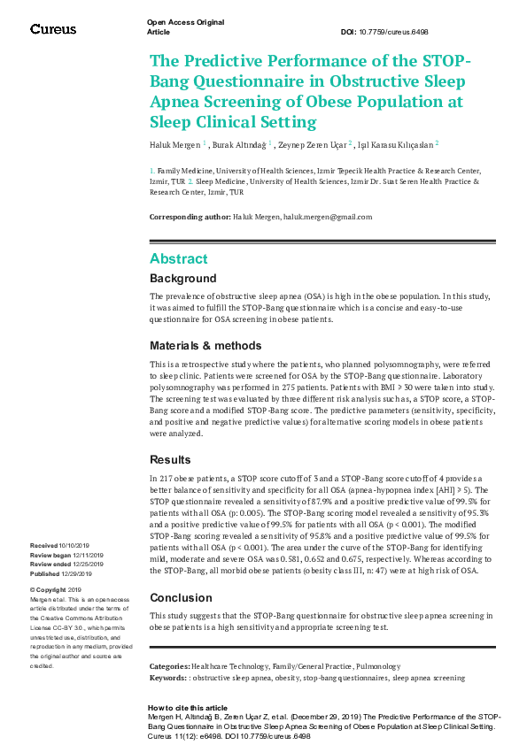 (PDF) The Predictive Performance of the STOP-Bang Questionnaire in ...