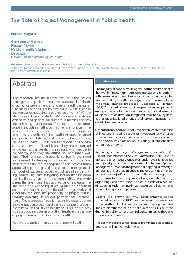(PDF) The Role of Project Management in Public health