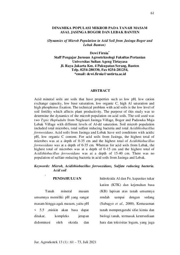 (PDF) Dinamika Populasi Mikrob Pada Tanah Masam Asal Jasinga Bogor Dan Lebak Banten | DEWI ...
