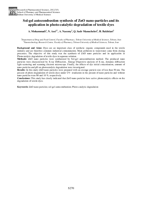 Pdf Sol Gel Autocombustion Synthesis Of Zno Nano Particles And Its