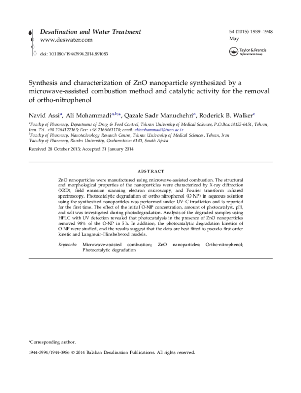 (PDF) Synthesis and characterization of ZnO nanoparticle synthesized by a microwave-assisted ...