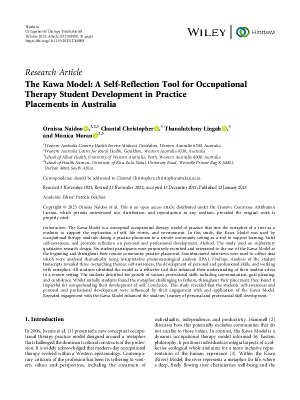 (PDF) The Kawa Model: A Self-Reflection Tool for Occupational Therapy ...