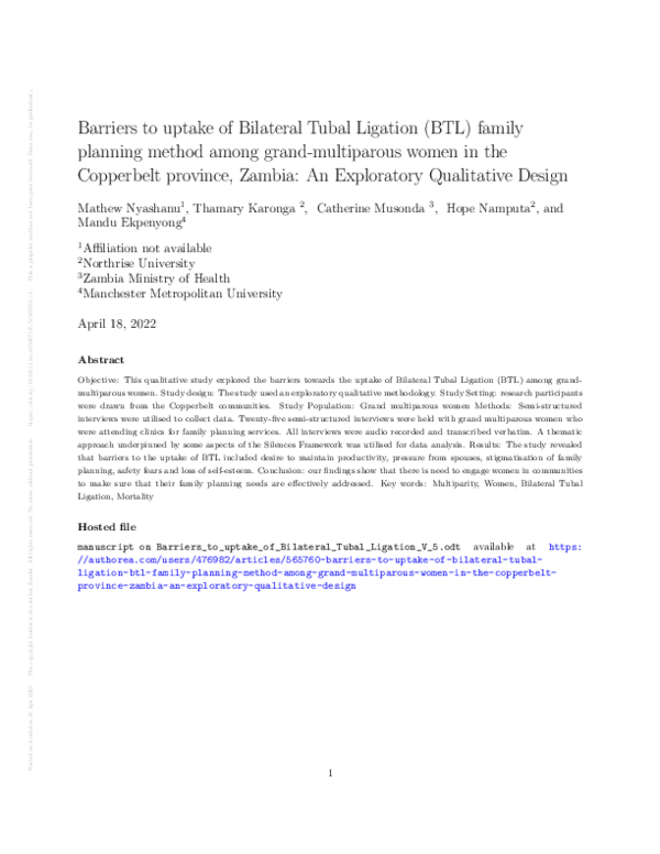 (PDF) Barriers to uptake of Bilateral Tubal Ligation (BTL) family ...