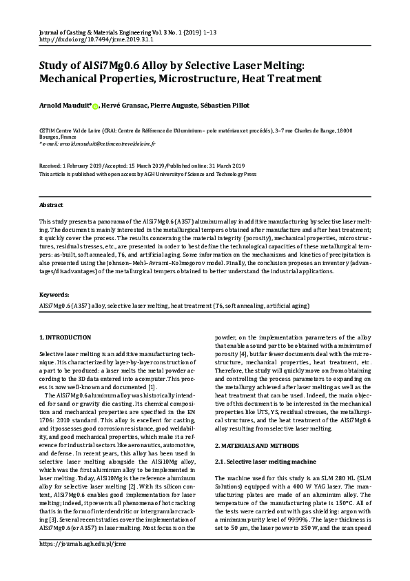 (PDF) Study of AlSi7Mg0.6 Alloy by Selective Laser Melting: Mechanical Properties ...