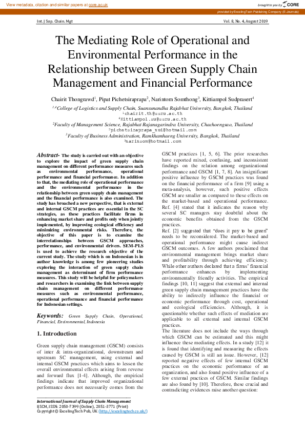 (PDF) The Mediating Role of Operational and Environmental Performance in the Relationship ...
