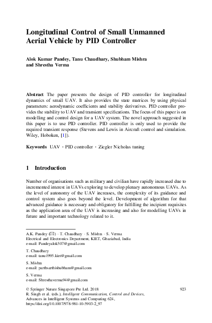 (PDF) Longitudinal Control of Small Unmanned Aerial Vehicle by PID Controller