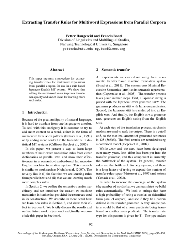 Pdf Extracting Transfer Rules For Multiword Expressions From Parallel