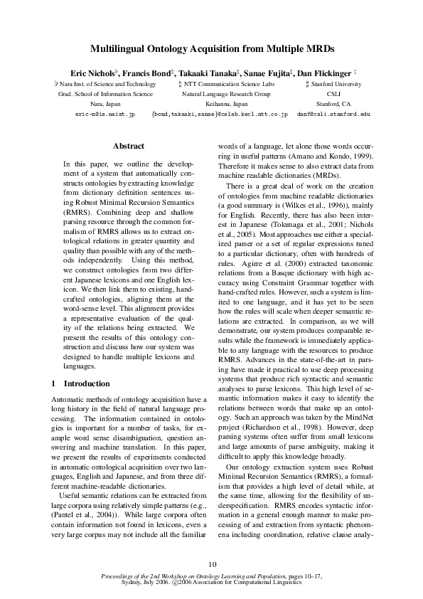 (PDF) Multilingual ontology acquisition from multiple mrds | Francis Bond - Academia.edu