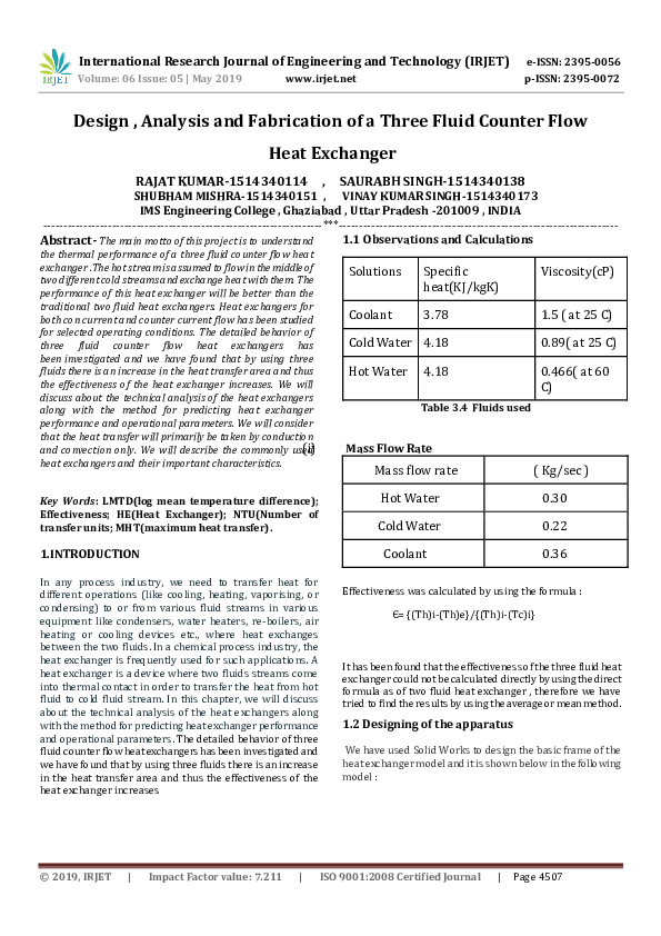 (PDF) Design , Analysis and Fabrication of a Three Fluid Counter Flow ...