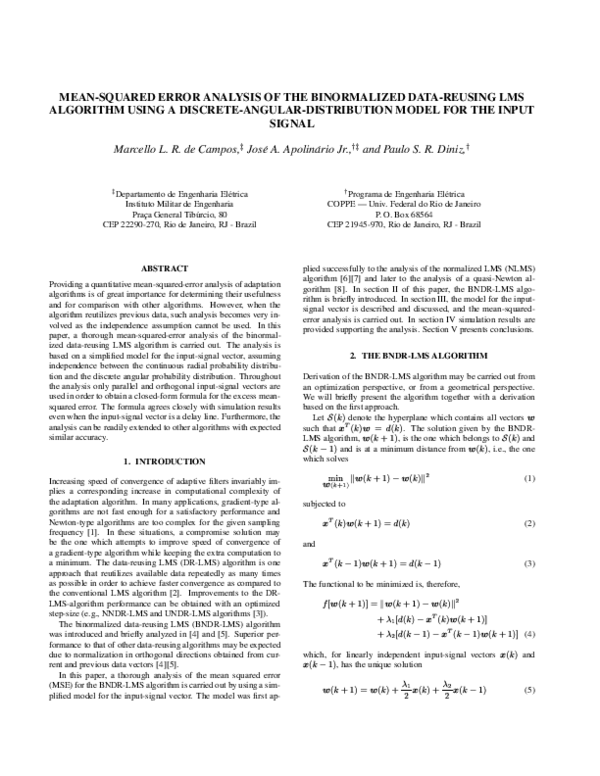 (PDF) Mean-squared error analysis of the binormalized data-reusing LMS algorithm using a ...