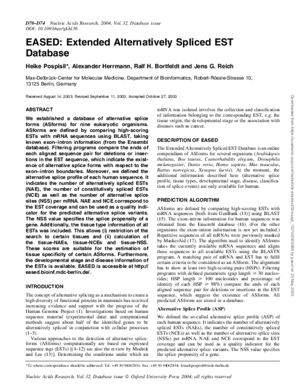 (PDF) EASED: Extended Alternatively Spliced EST Database