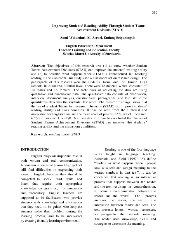 (PDF) Improving Students’ Reading Ability Through Student Teams Achievement Divisions (STAD)